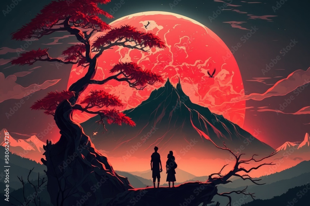 Anime characters bask in the beauty of a majestic mountain and red moon ...