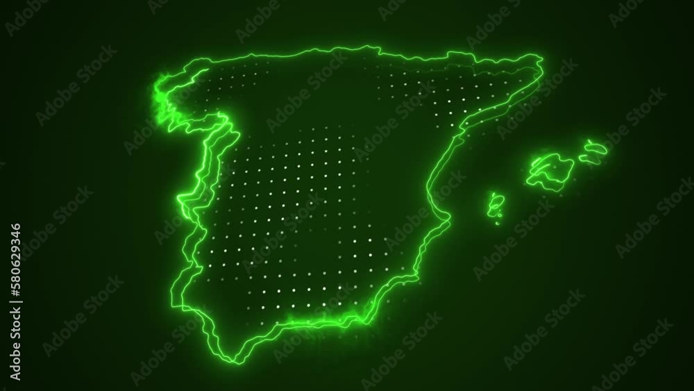 3D Moving Neon Green Spain Map Borders Outline Loop Background. Neon ...