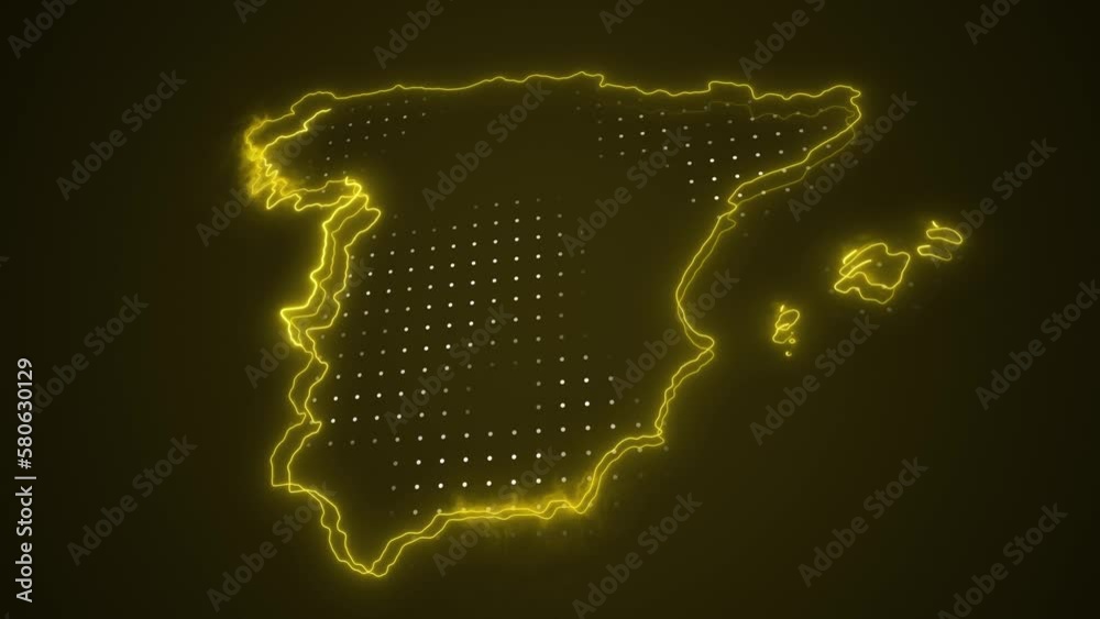 3D Moving Neon Yellow Spain Map Borders Outline Loop Background. Neon ...