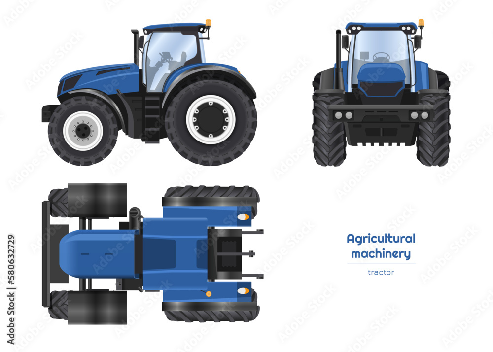 Blue tractor drawing. Isolated agricultural machine. Top, side and ...
