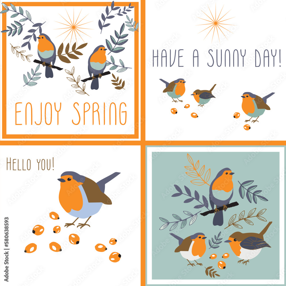 Red Robin birds set of cards. Cute little red robin birds illustration ...
