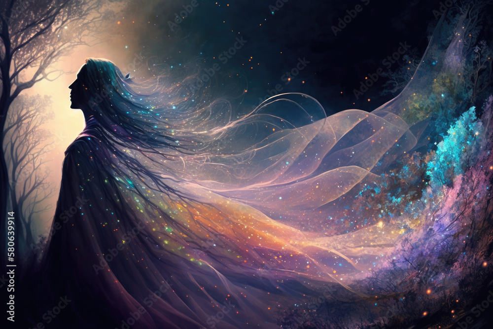 fairy running through the forest, leaving behind colorful mist, long ...