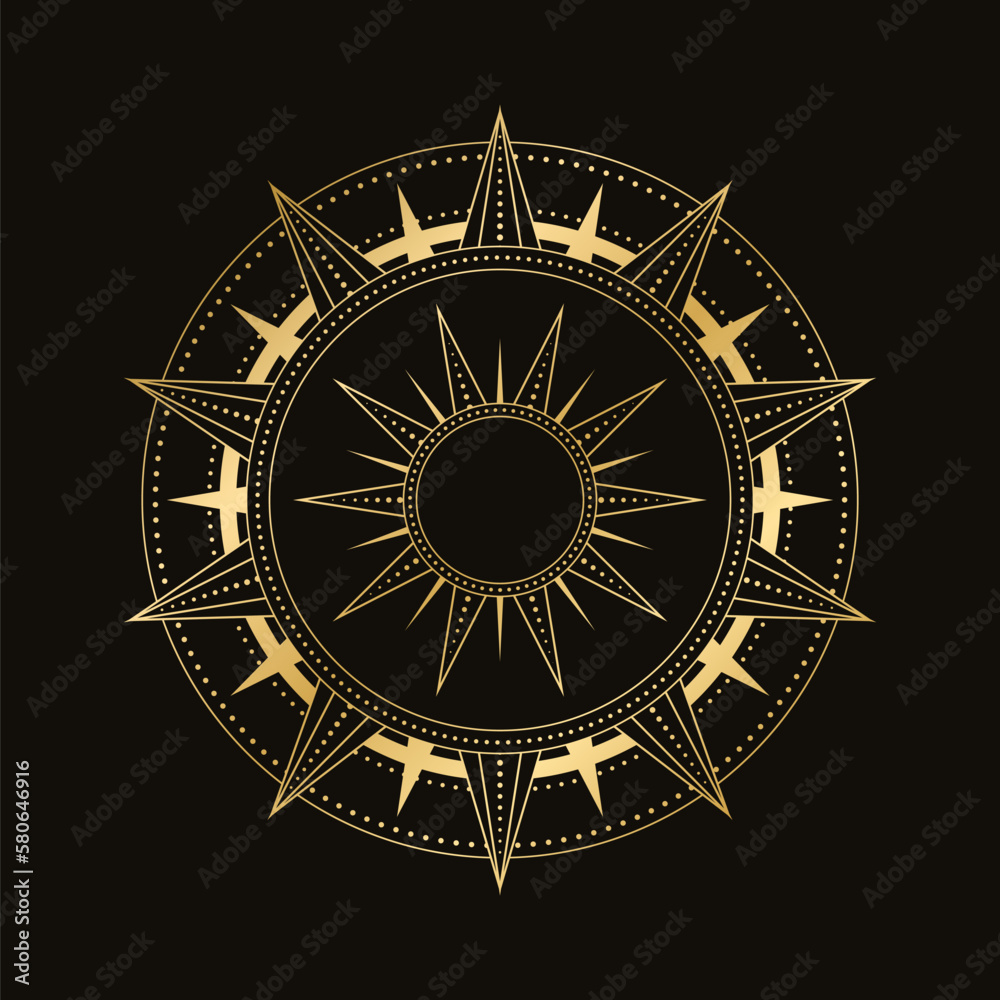 Gold celestial sun vector illustration. Bohemian mystic symbol. Magic ...