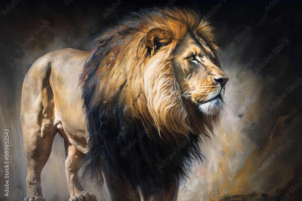 painting of a male lion with a magnificent mane created with Generative ...