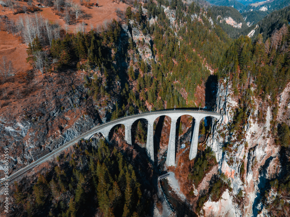 Aerial view famous mountain in Filisur, Switzerland. Landwasser Viaduct ...