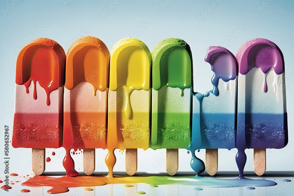 melting popsicle lined up in rainbow colors created with Generative AI ...