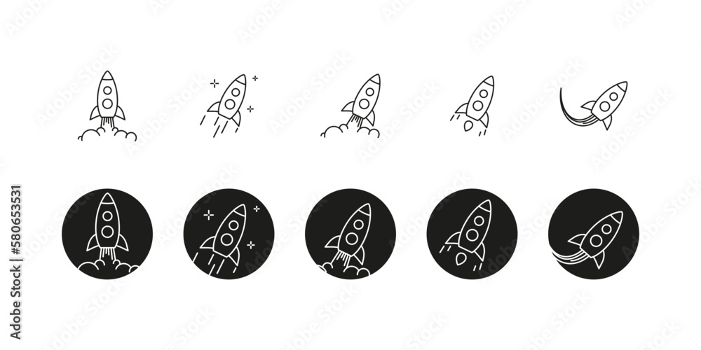 Rocket launch and flying vector. Rockets button outline and circle ...