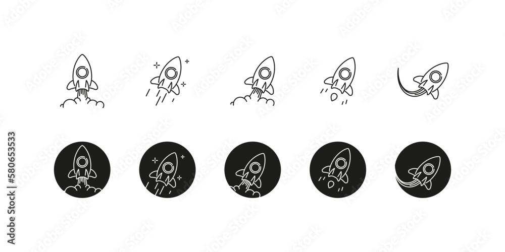 Rocket launch and flying vector outline and circle shape flat button ...