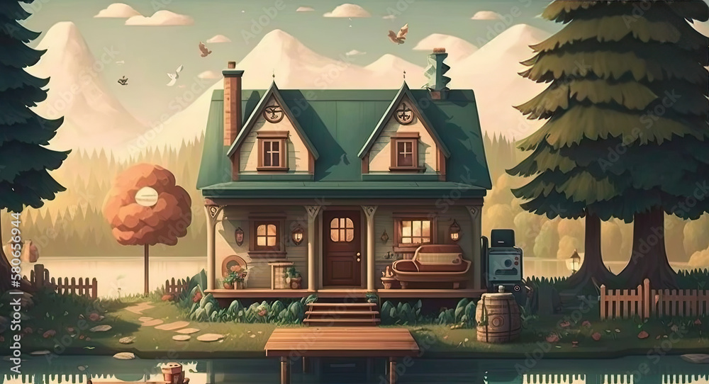 small wooden walkway with steps in front of a cottage with green roof ...