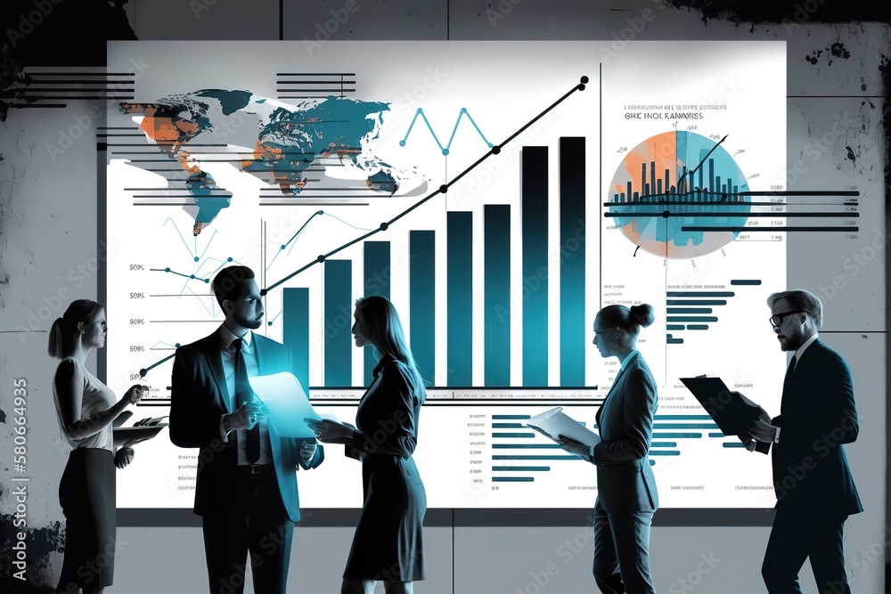 Group of confident business people point to graphs and charts to ...