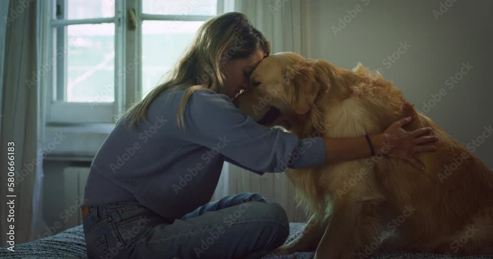 Portrait of Beautiful Young Woman Cuddles Her Adorable Golden Retriever ...