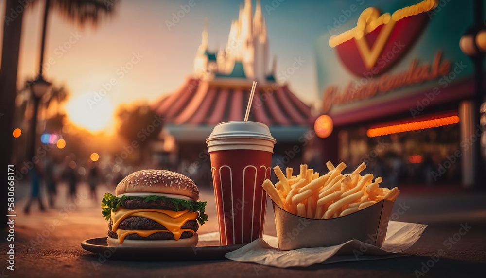 Fast food (delicious burger, french fries and soft drink) on background ...