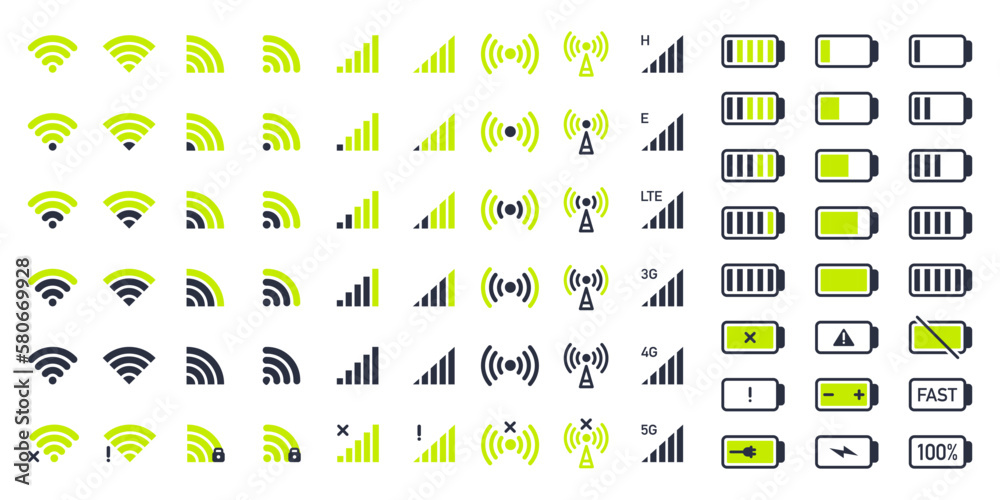 Mobile phone indicators. Smartphone wifi and battery icons, 5G and wifi ...