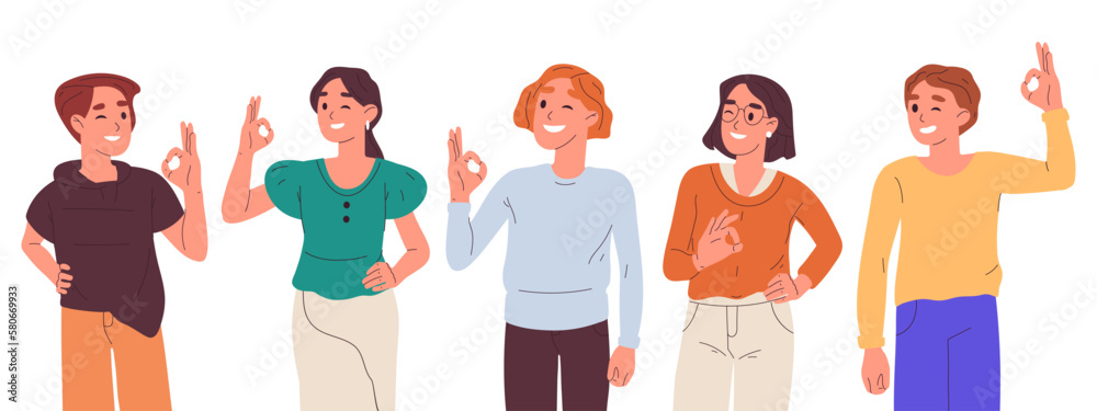 Young People Show Okay Sign Character With Positive Gesture Winking