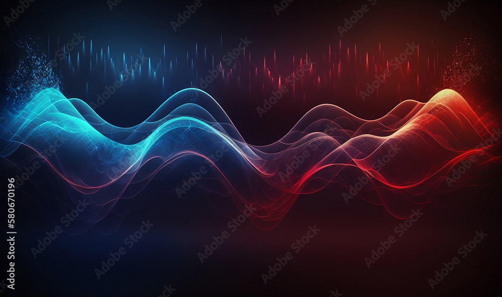 Futuristic wavy background. Mystical energy of the universe in form of blue and red waves, soft ...