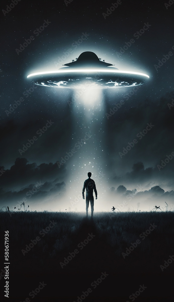 Flying saucer flies at night in sky over silhouette of man standing in ...