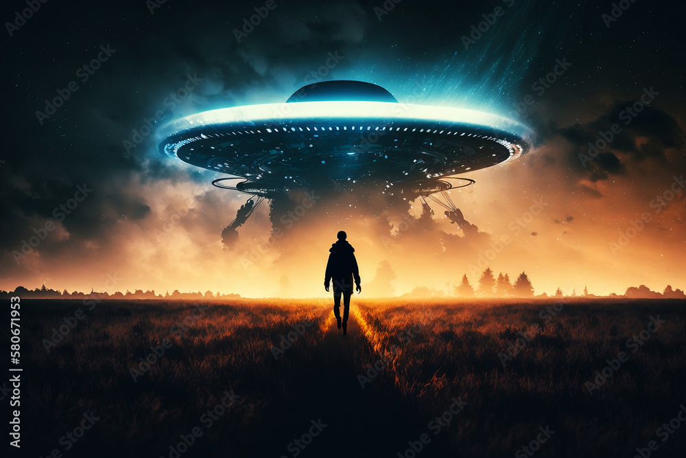 Flying saucer flies at night in sky over silhouette of man standing in ...