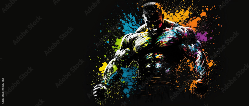 Illustration of a bodybuilder on a black background. A colorful splash ...