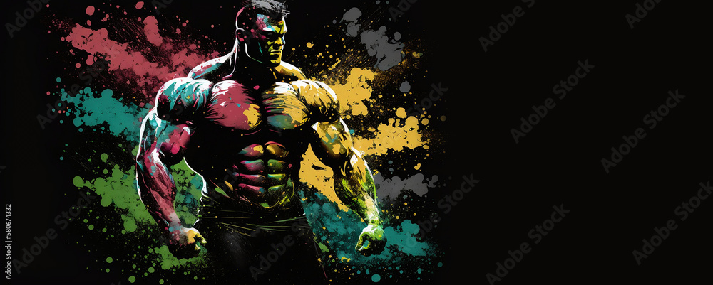 Illustration of a bodybuilder on a black background. A colorful splash ...