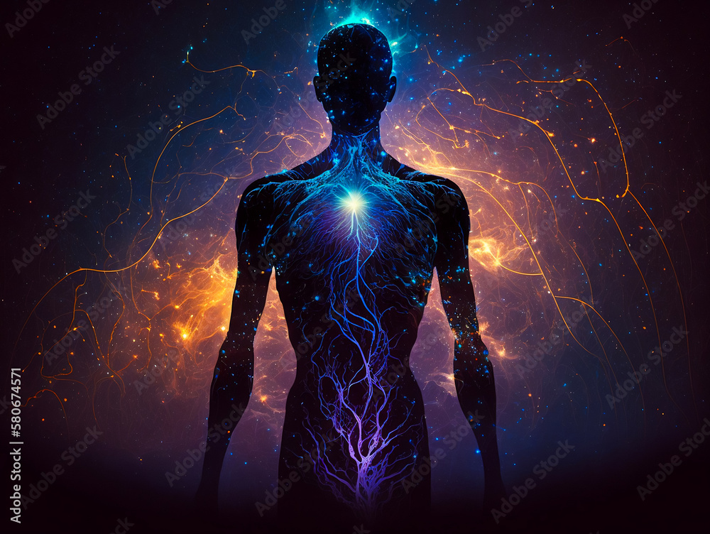 Astral body silhouette with abstract space background. Esoteric ...