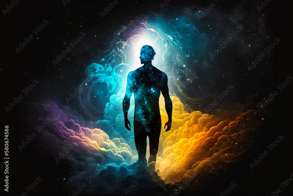 Astral body silhouette with abstract space background. Esoteric ...