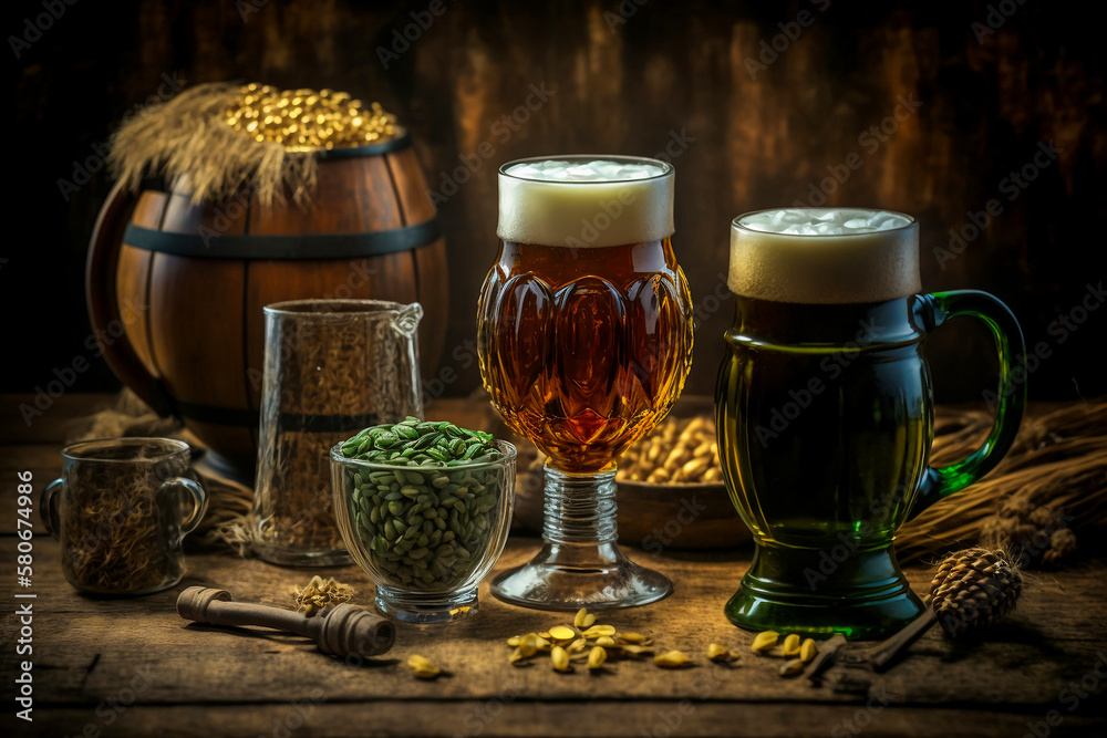 Mugs of light, wheat beer. Different grades of golden drink stand on an ...