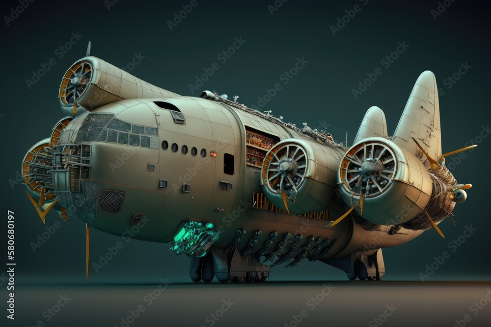 futuristic cargo plane of future with pipes and wiring on body, created ...