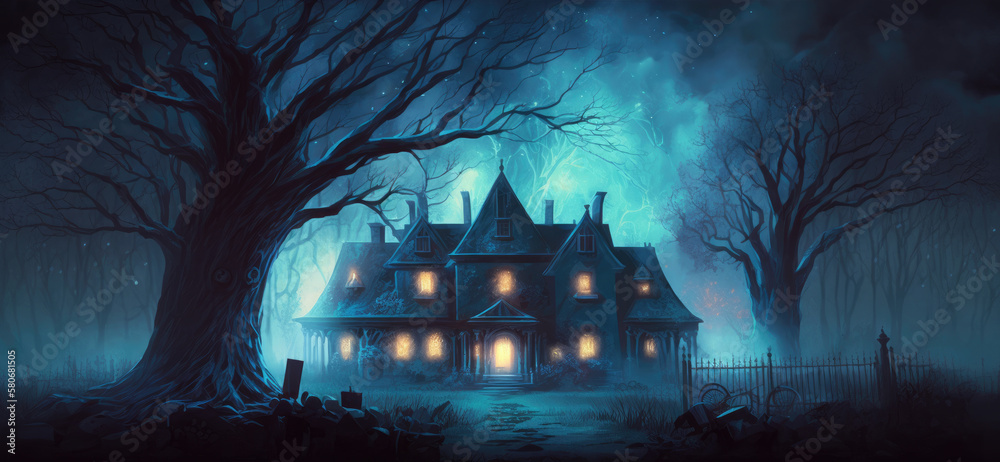 Haunted mansion on a hill, evil spiritual blue aurora emanating from ...