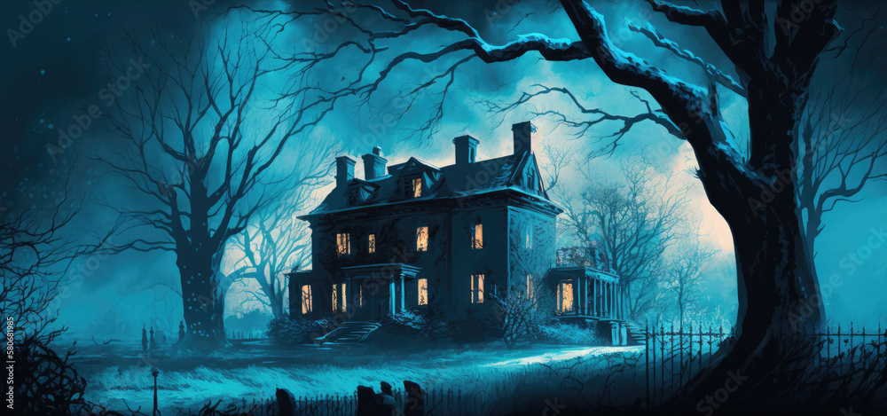 Haunted mansion on a hill, evil spiritual blue aurora emanating from ...