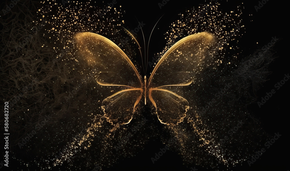 On a black background, a golden butterfly with golden pollen falling ...