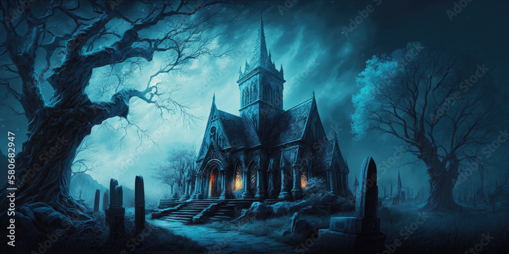 Haunted mansion on a hill, evil spiritual blue aurora emanating from ...