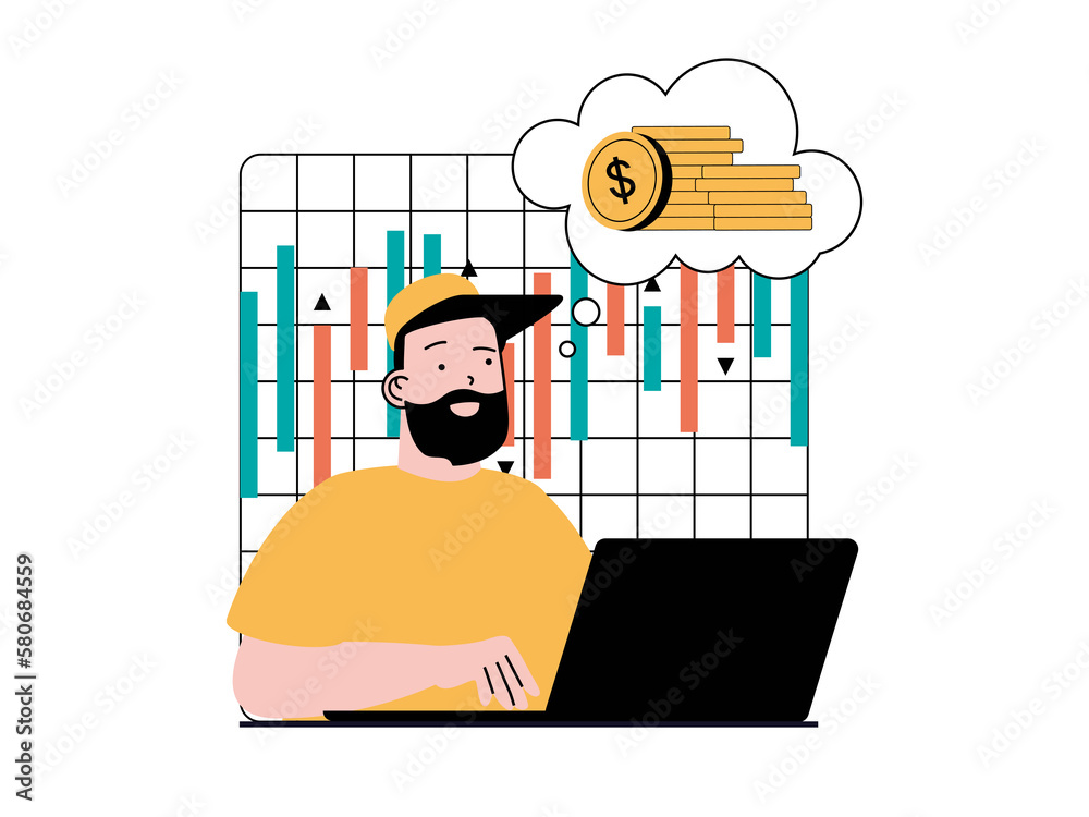 Stock trading concept with character situation. Man earns money trading ...