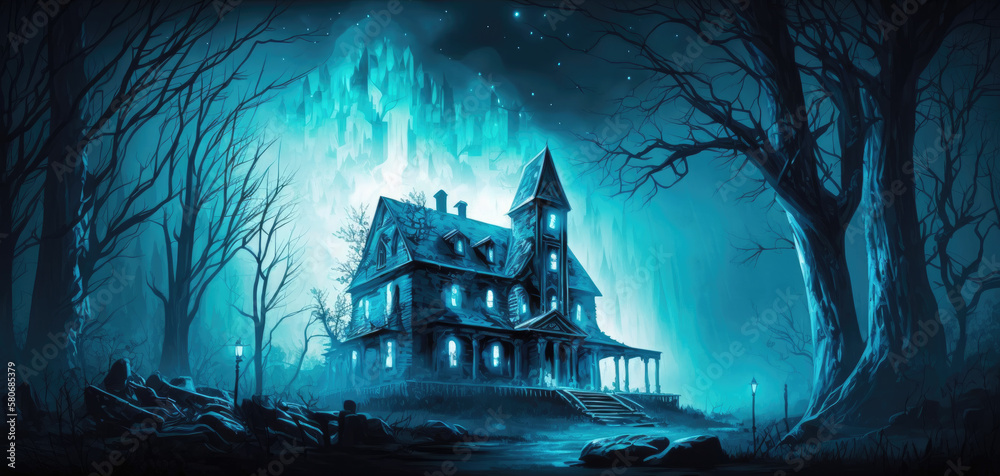 Haunted mansion on a hill, evil spiritual blue aurora emanating from ...