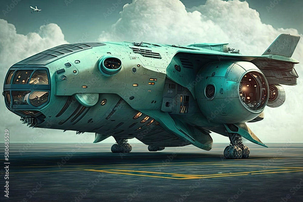 futuristic cargo plane of future with glass cockpit and laser guns ...