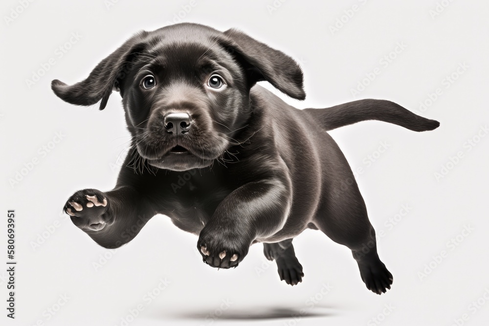 Flying. Playing Labrador Retriever puppy on white studio background. A ...