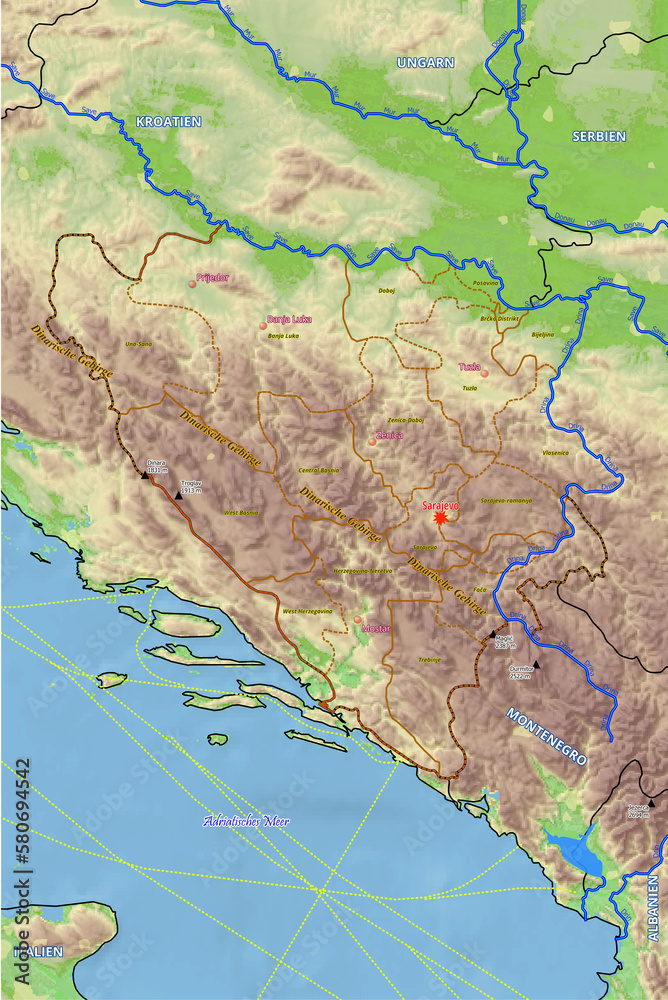 Geographische physische Karte von Bosnien und Herzegowina Stock ...