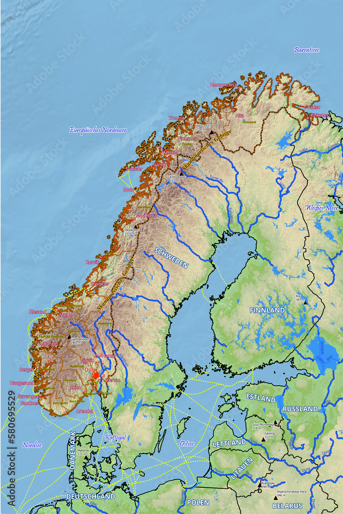 Geographische physische Karte von Norwegen ilustração do Stock | Adobe ...