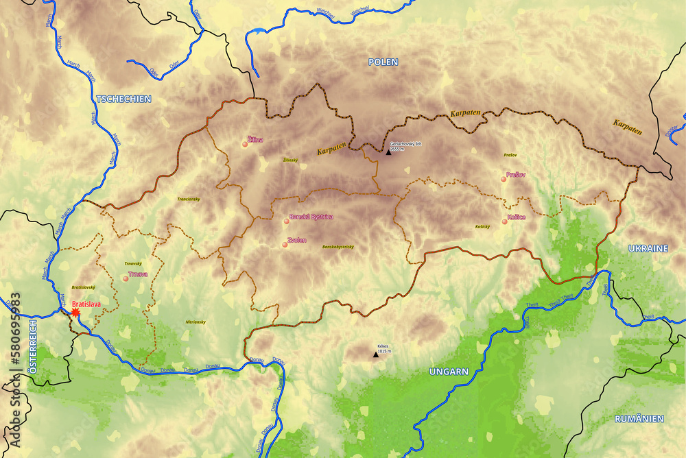 Geographische physische Karte von Slowakei Stock Illustration | Adobe Stock