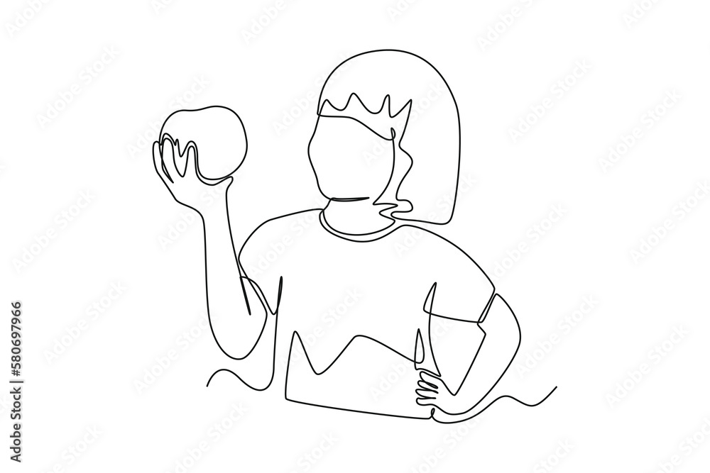 Vetor de Continuous one line drawing happy girl eating apple fruit ...