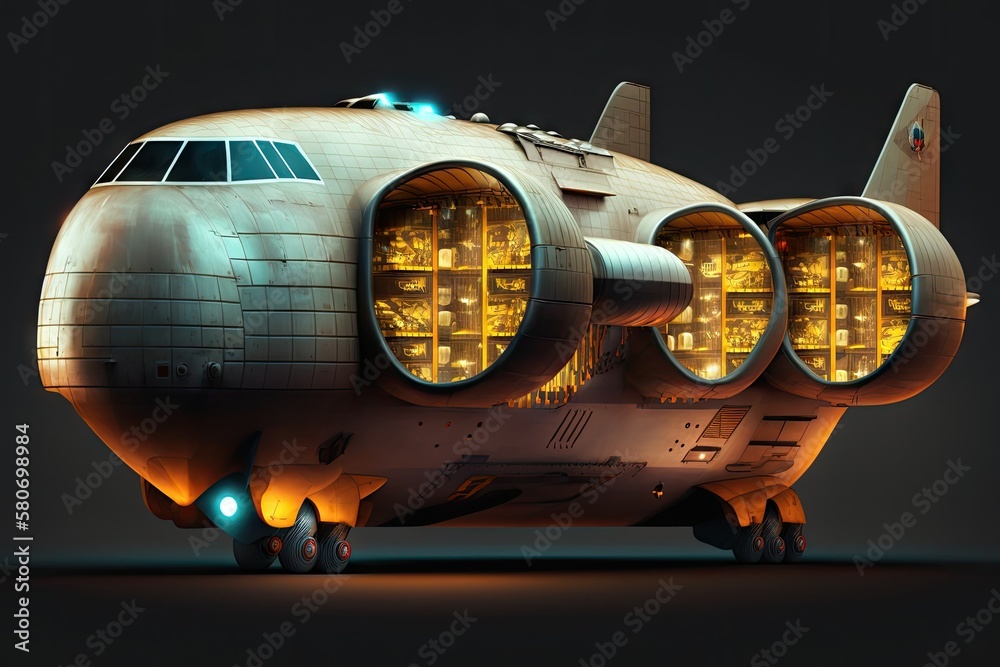 futuristic cargo plane of future with glowing fuel tanks and lights ...