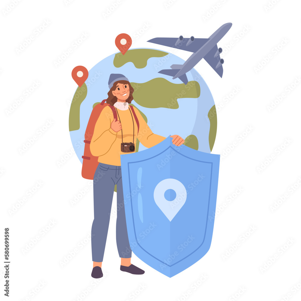 Vetor de Travel insurance policy, isolated tourist with shield ...