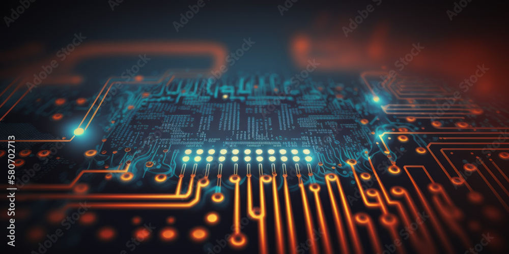 Abstract technology background with digital data binary code and electronic circuit board (PCB ...