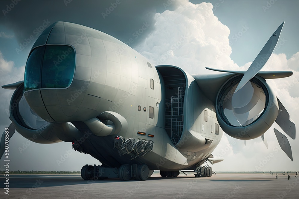 futuristic cargo plane of future with retractable landing gear in air ...