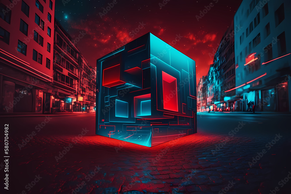 abstract red blue neon background. Glowing linear volumetric cube in ...
