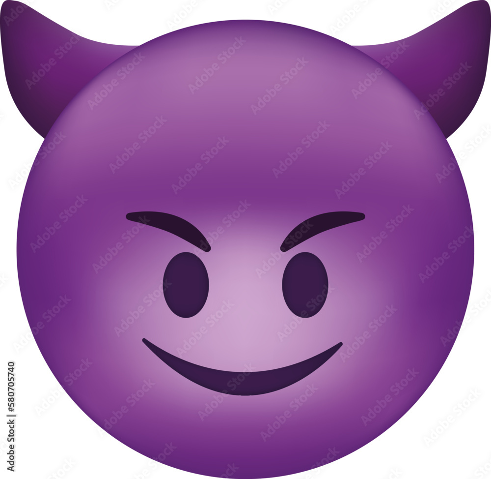 Evil devil emoji. Happy purple emoticon with devil horns Stock Vector ...