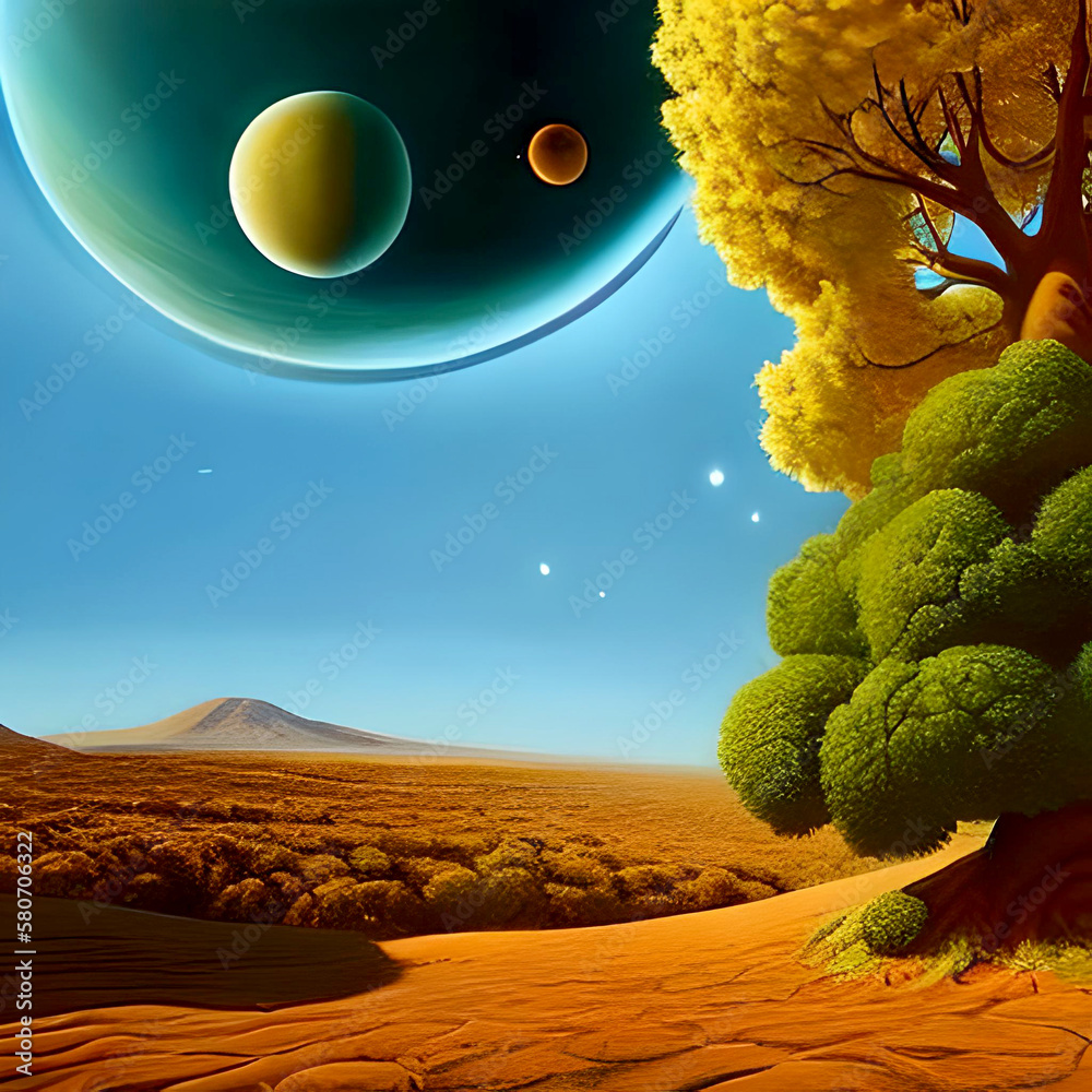 Ultra-wide alien planet landscapes. space tree, fantasy portals ...