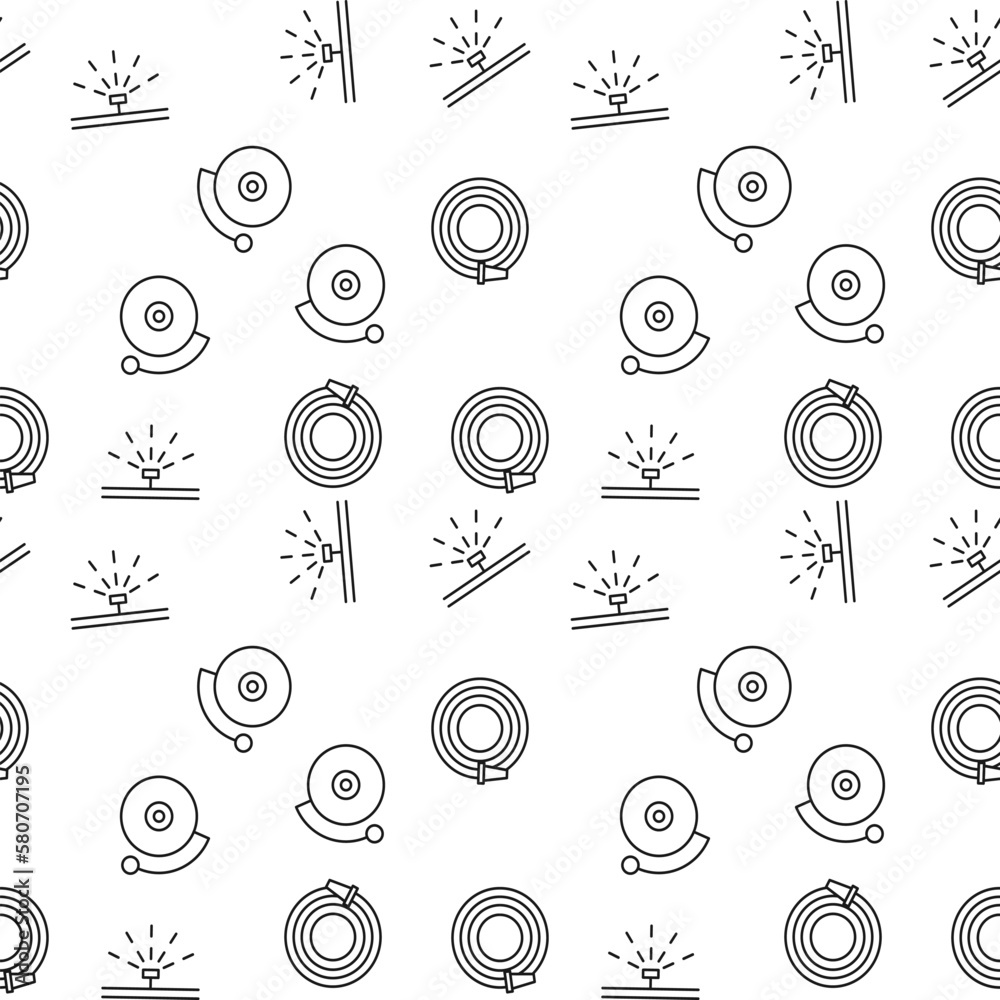 Vector seamless pattern of fire hose, shower, fire alarm on white ...