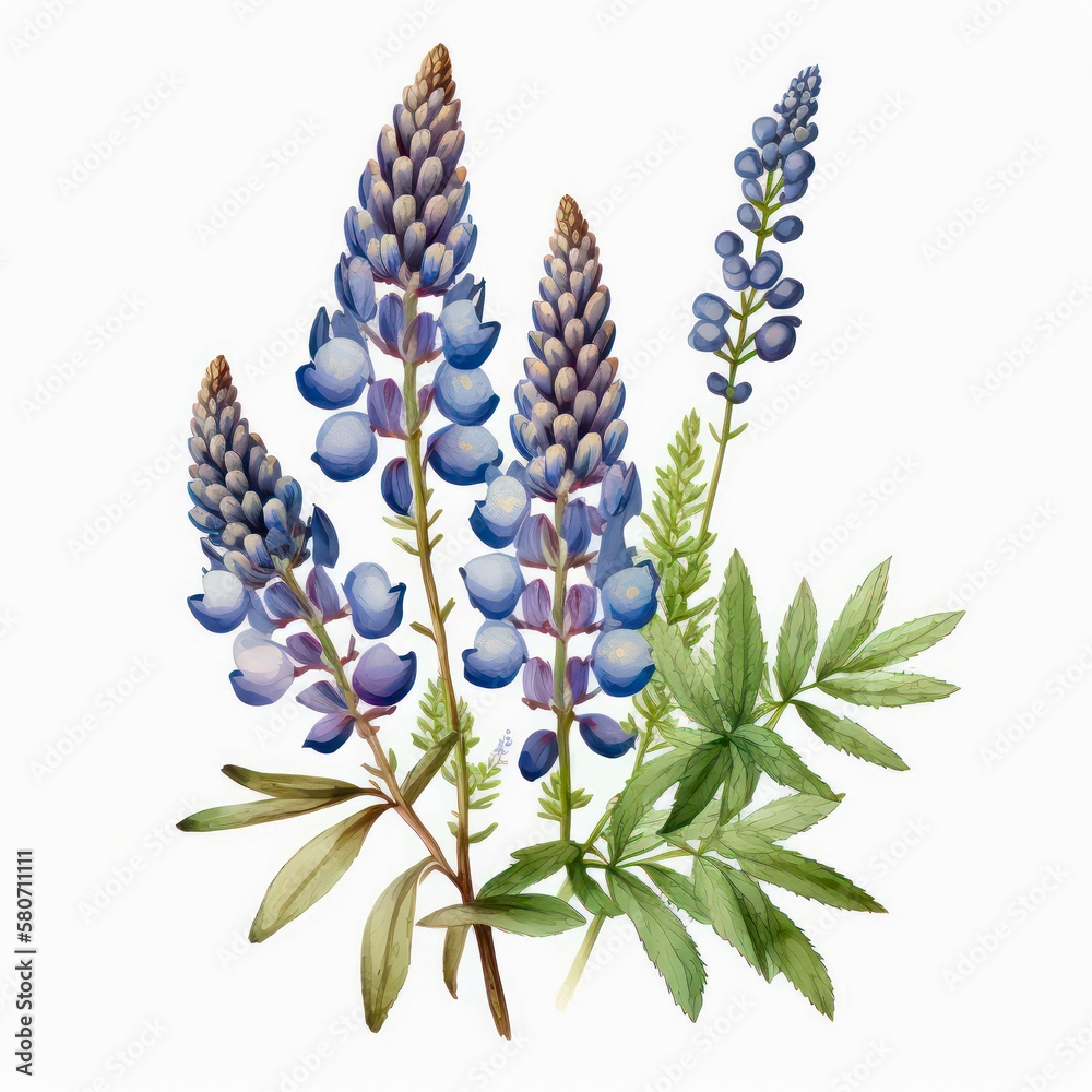 Watercolor blue lupine flowers on white background. Generative AI art ...