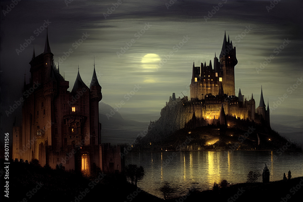 The castle is illuminated by the full moon, nocturnal, Landscape ...
