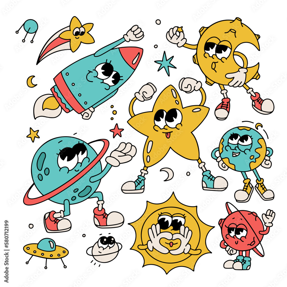 Retro groovy space characters with smiling faces set. Earth, planet ...